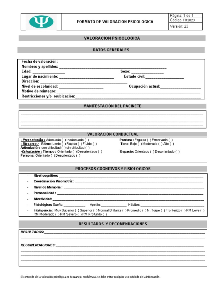 FR201 Formato Evaluacion Psicologica | PDF | Neurociencia | Conceptos psicologicos