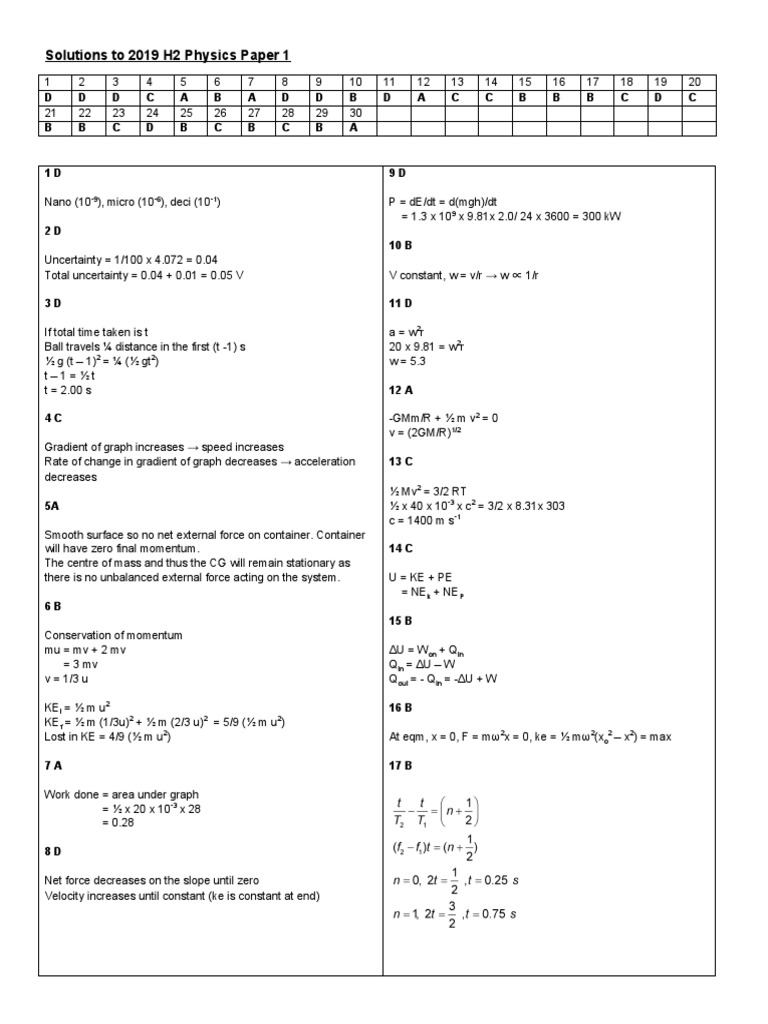 2019 H2 Physics Paper 1 - Suggested Solution | PDF | Force | Mechanical Engineering