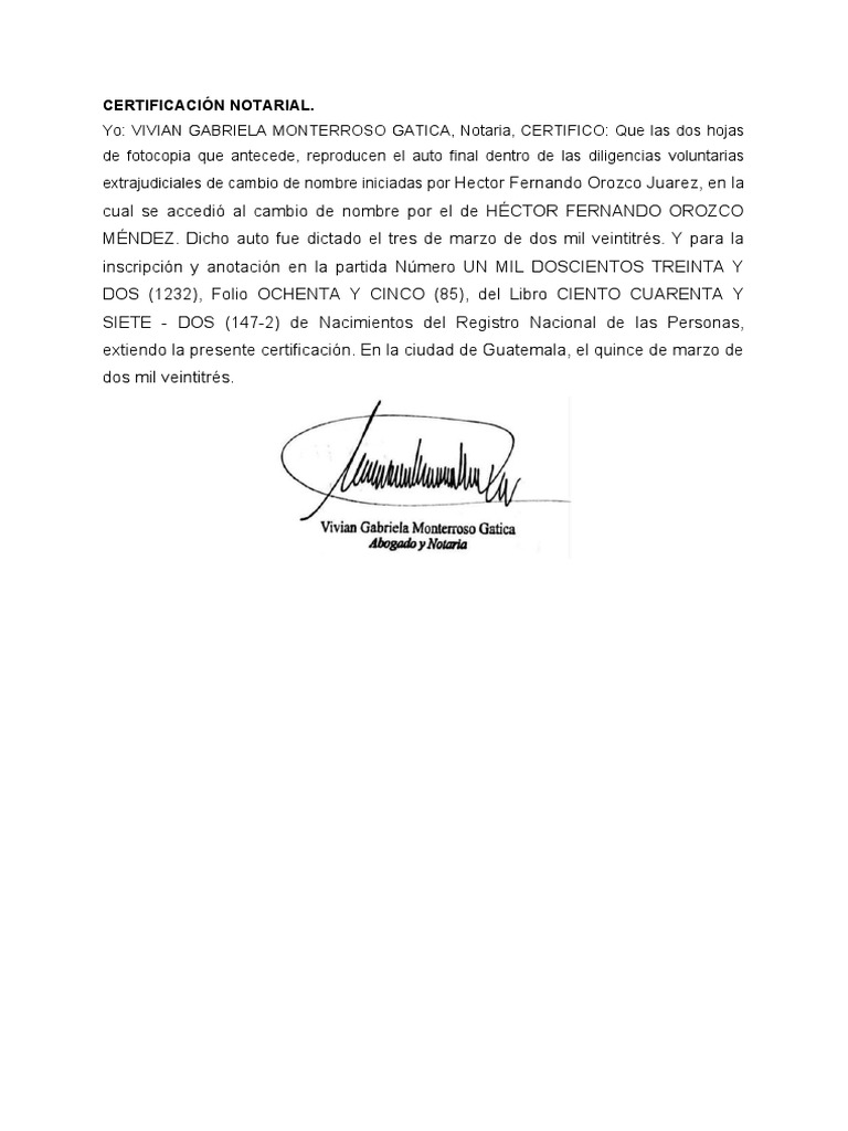 Certificación Notarial Cambio De Nombre Pdf