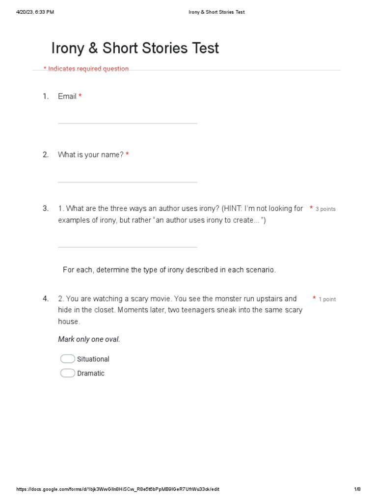 Irony Short Stories Test B - Google Forms | PDF | Irony