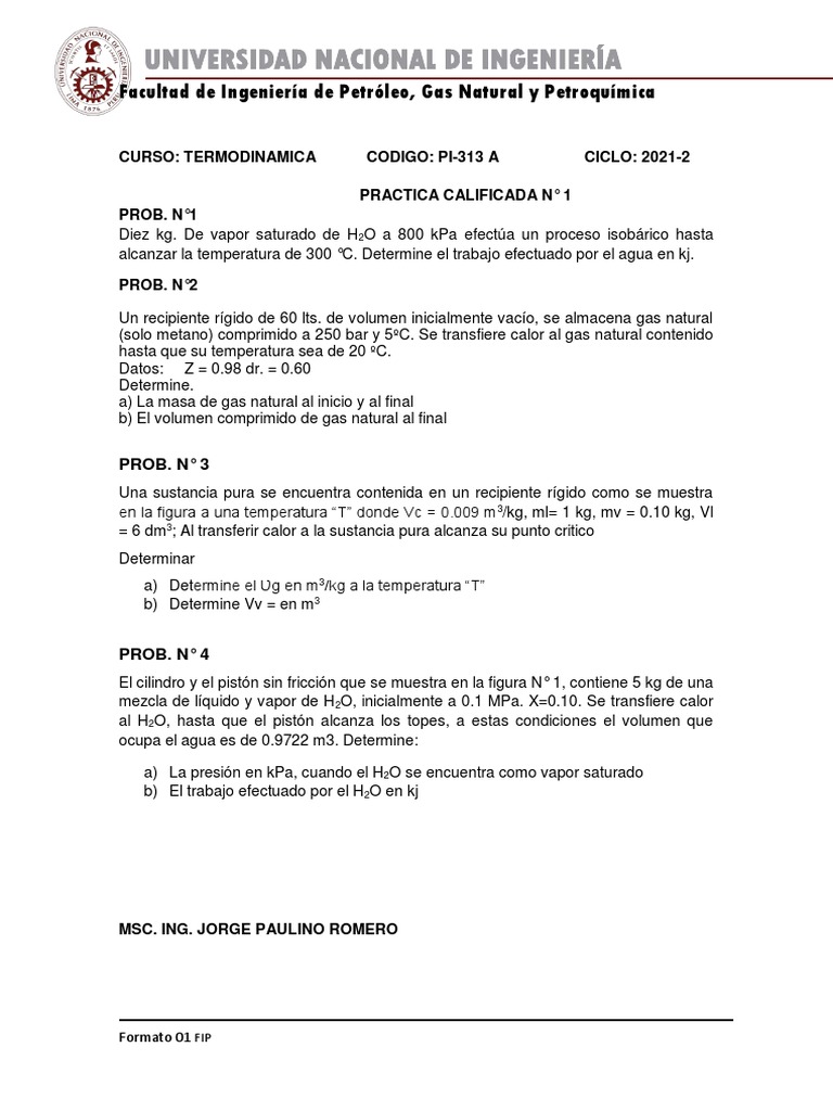 Practica Calificada Nº1 Termodinamica 2021-2 | PDF