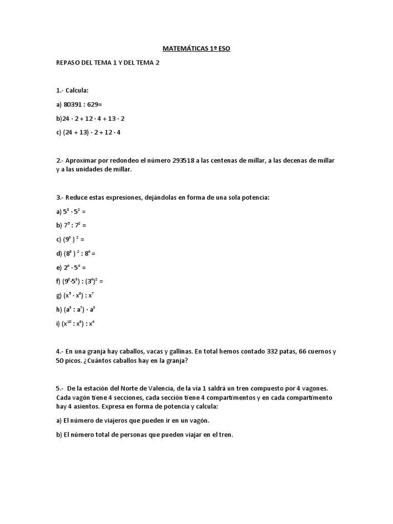 Ejercicios Matemáticas 1º Eso | PDF