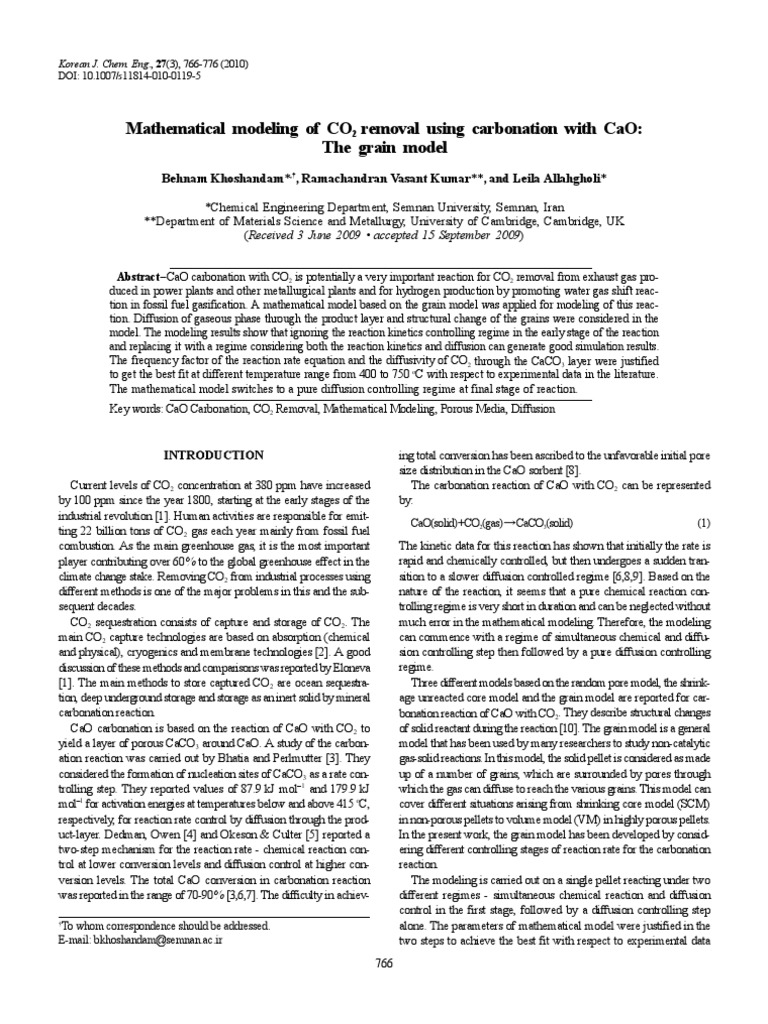 Modeling Carbon Dioxide Removal Through Calcium Oxide Carbonation Using the Grain Model | PDF ...
