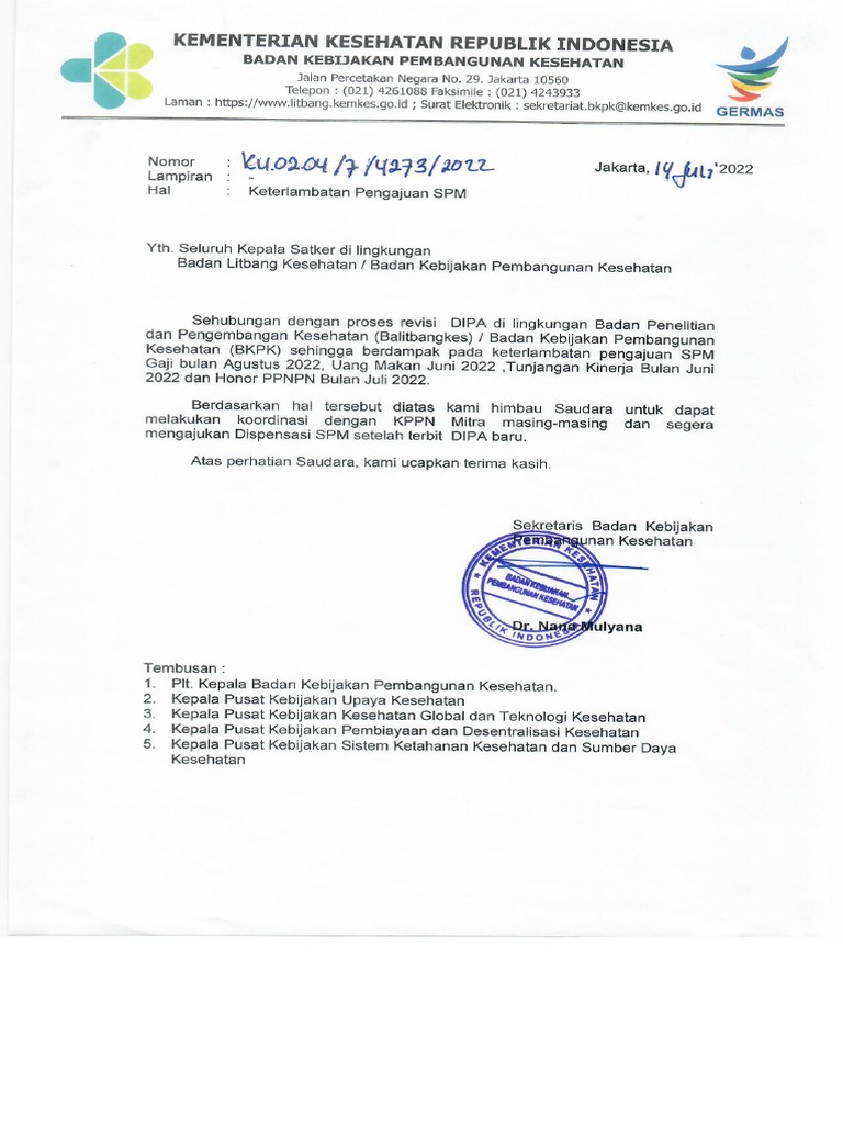 Surat Keterlambatan SPM_kasatker | PDF