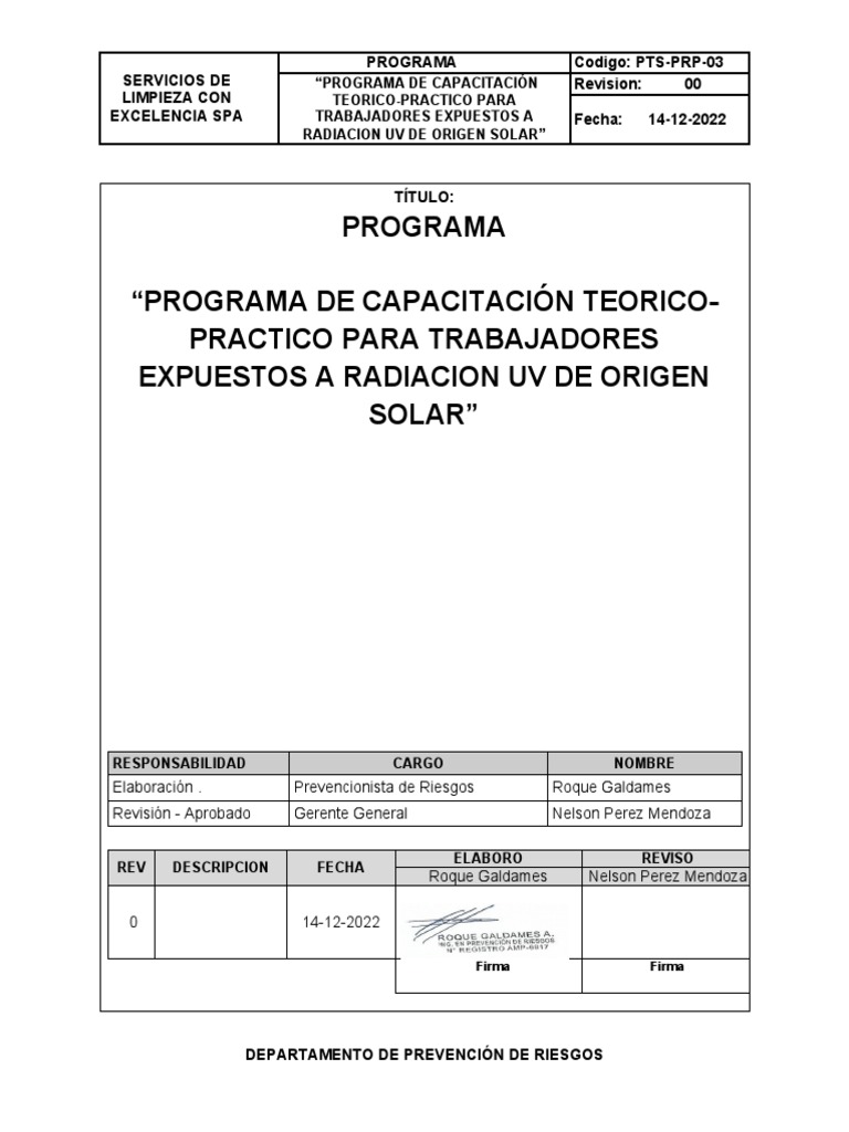 Programa de Capacitacion Teorico Practico para Trabajadores Expuestos A Radicion Uv de Origen ...