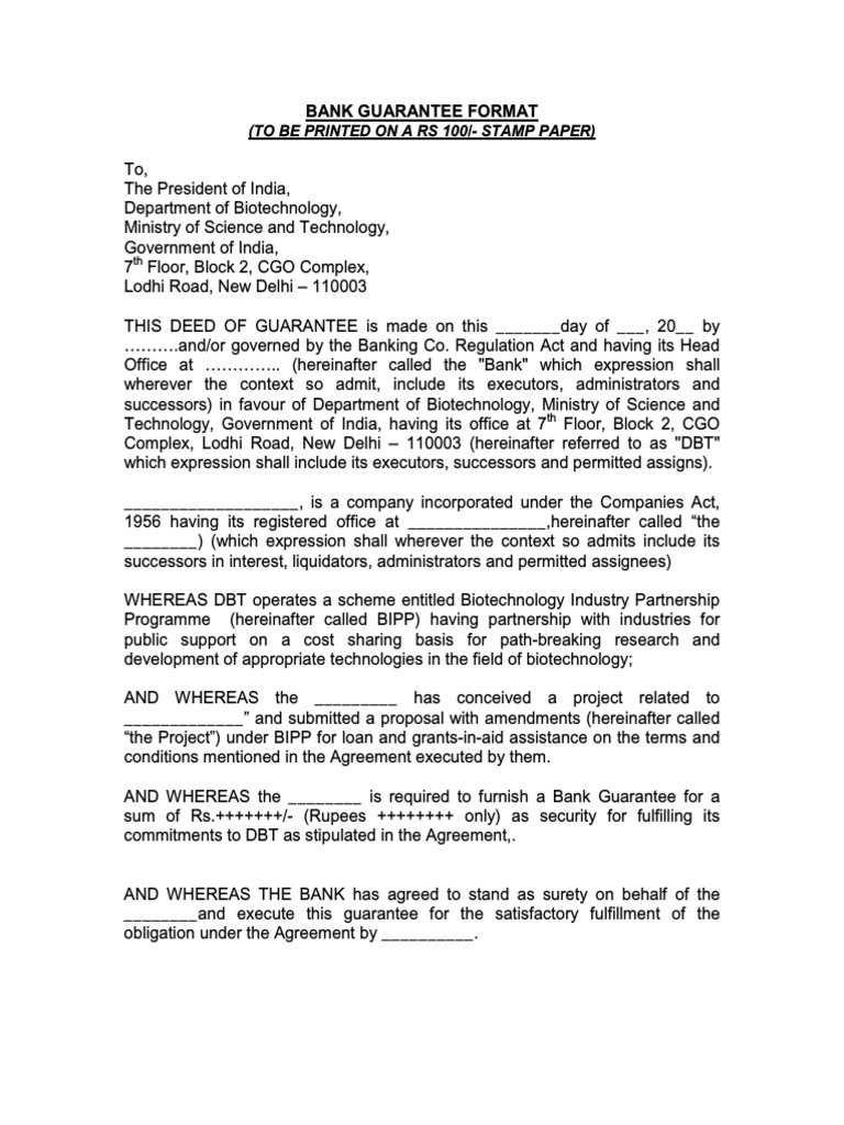BANK GUARANTEE FORMAT - Department of Biotechnology | PDF | Guarantee ...