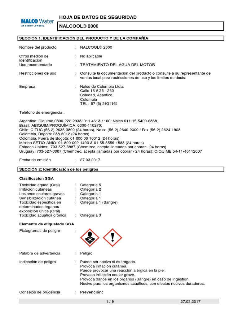 Sds Nalcool 2000 | PDF | Reciclaje | Agua