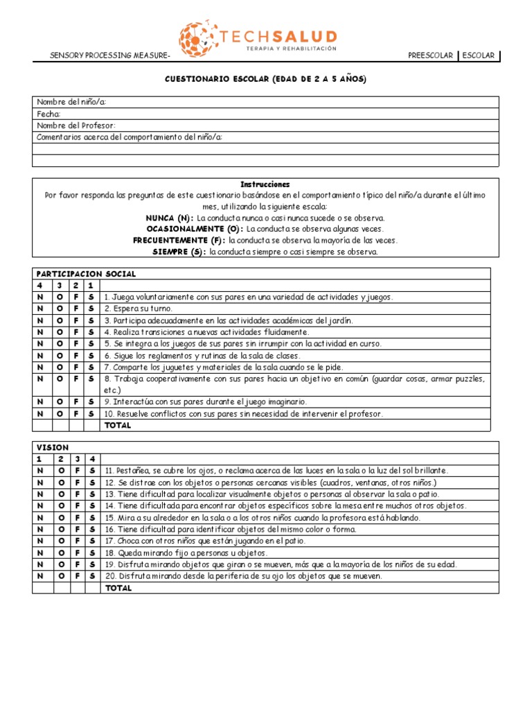 Sensory Processing Measure-Preescolar Escolar | PDF