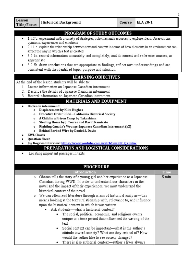 ELA 20-1: Japanese Canadian Internment | PDF | Experience | Learning