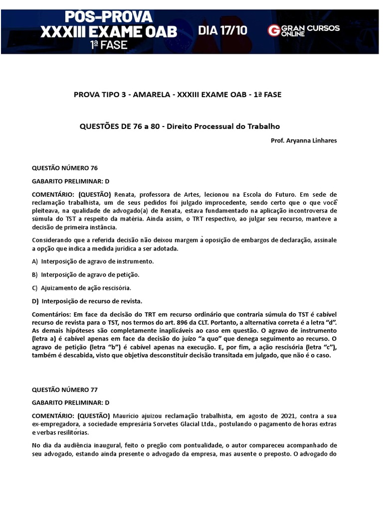 Prova Tipo 3 - Amarela - Xxxiii Exame Oab - 1 Fase | PDF