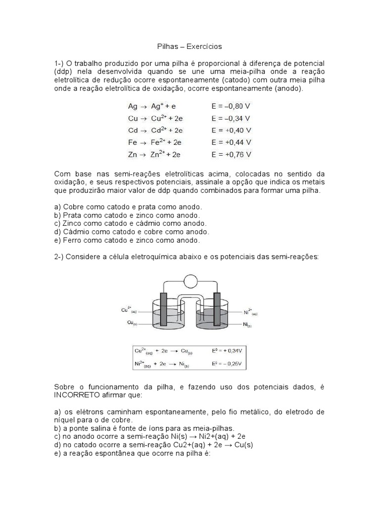 Pilhas eletroquímicas: reações redox e potenciais de eletrodo | PDF ...