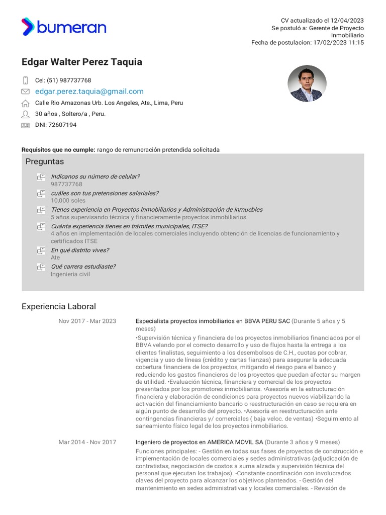 CV-Edgar Walter Perez Taquia | PDF | Ingeniero civil | Gestión de proyectos