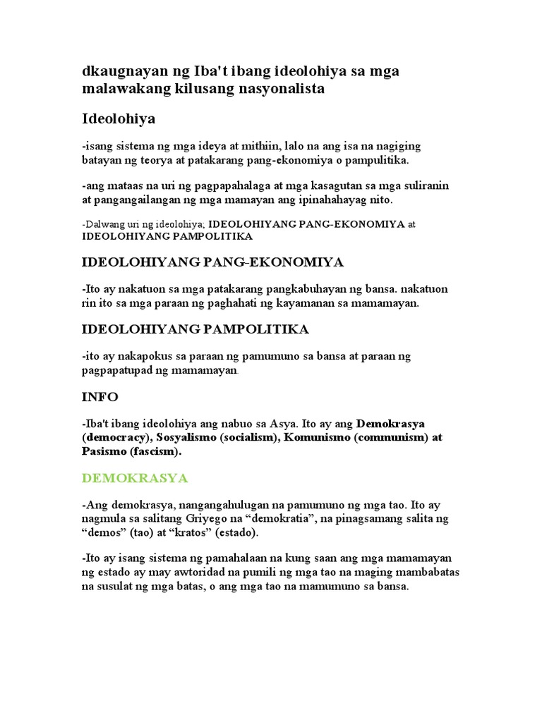 Kaugnayan NG Iba't Ibang Ideolohiya Sa Mga Malawakang Kilusang Nasyonalista | PDF