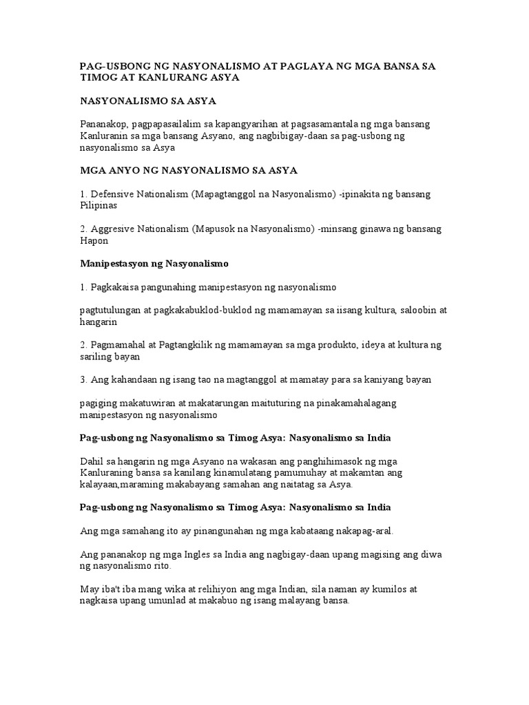 Pag-Usbong NG Nasyonalismo at Paglaya NG Mga Bansa Sa Timog at ...