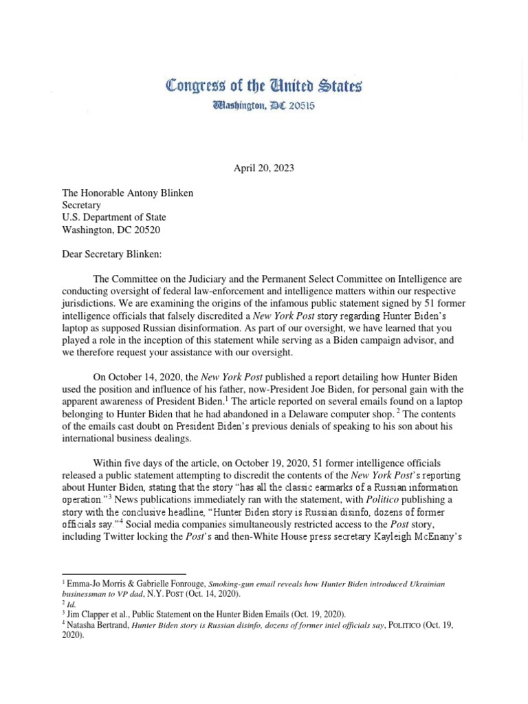 Blinken's Role in Hunter Biden Statement | PDF
