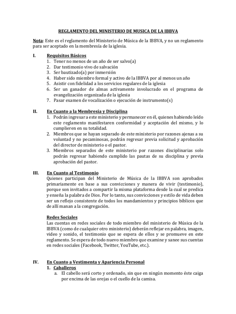 Reglamento Del Ministerio de Musica de La Ibbva 2020 | PDF