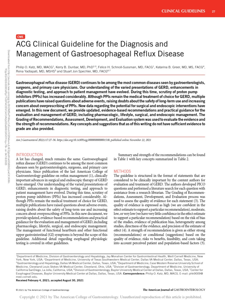 ACG Clinical Guideline For The Diagnosis and Management of Gastroesophageal Reflux Disease ...