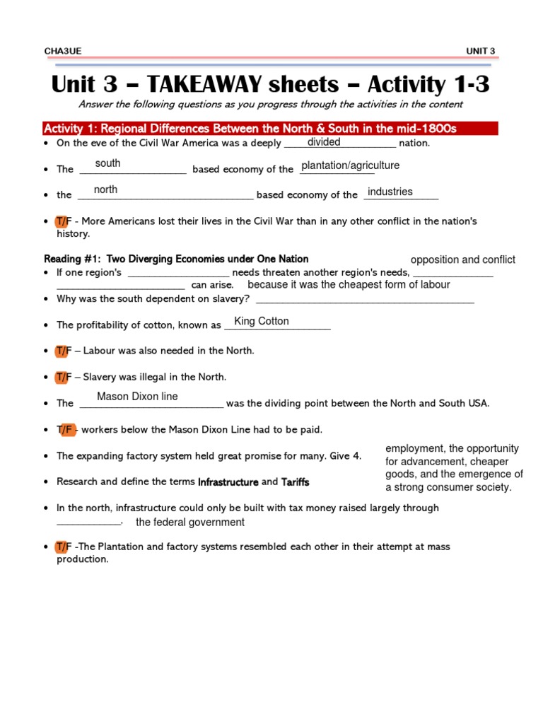 Unit 3 - TAKEAWAY Sheets - Activity 1-3: Activity 1: Regional ...