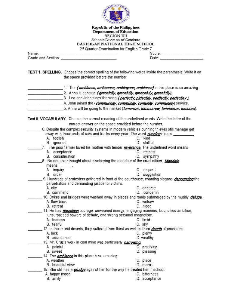 Eng 7 - Q2 Exam | PDF