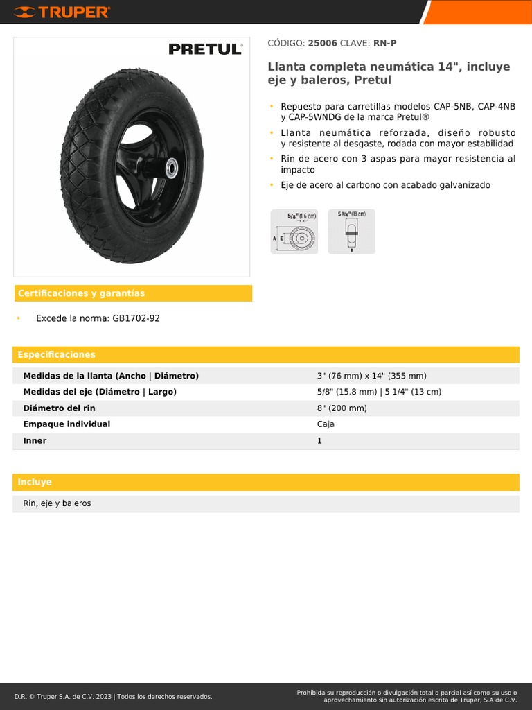 Llanta Completa Neumática 14", Incluye Eje y Baleros, Pretul | PDF