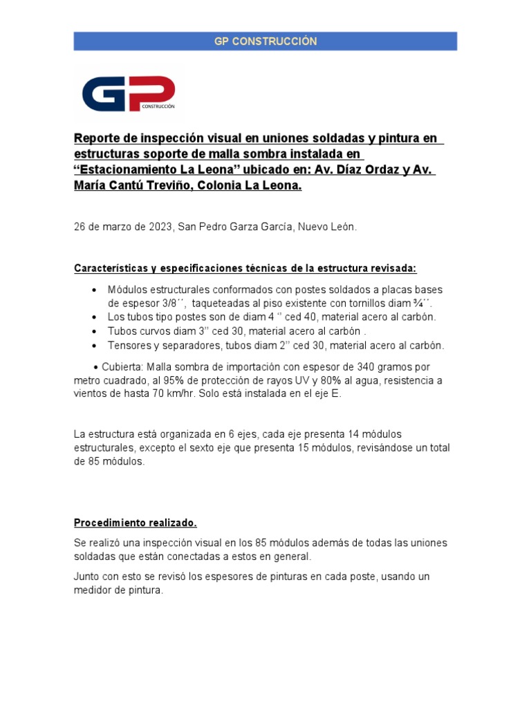 Reporte Inspeccion Visual Soldadura y Pintura | PDF | Ingeniería ...