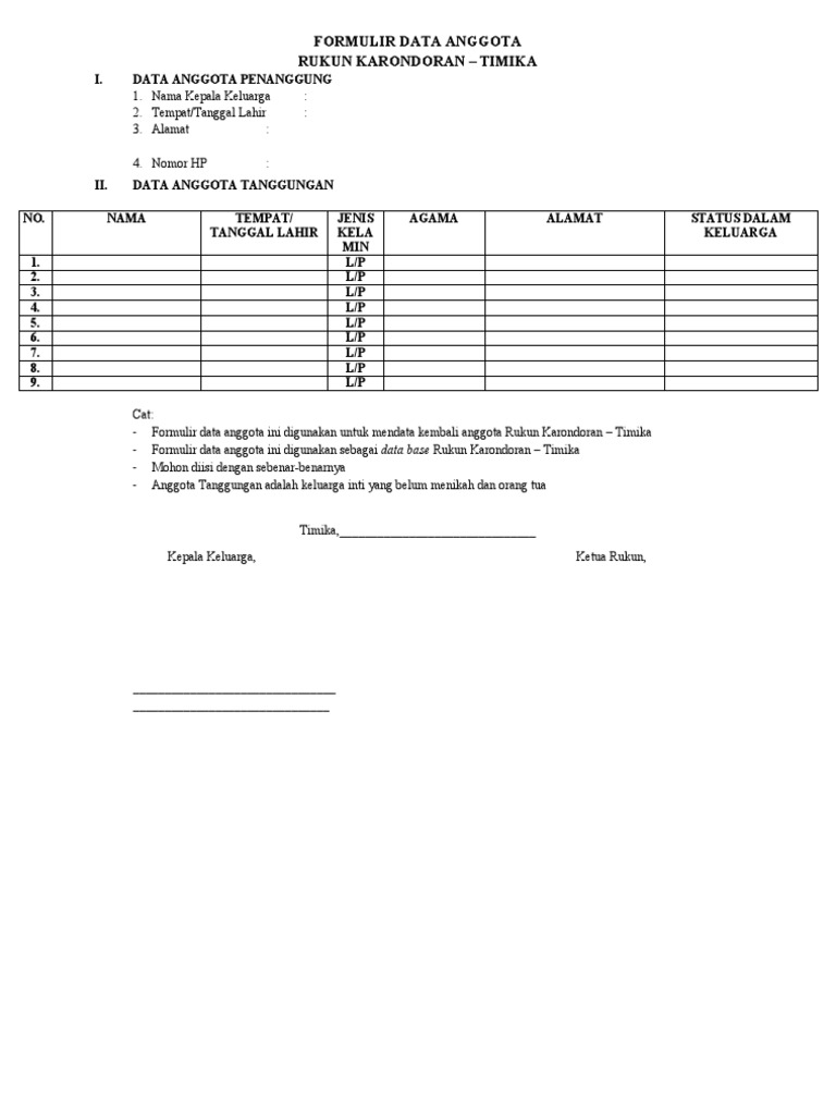 Formulir Data Anggota Rukun Karondoran | PDF