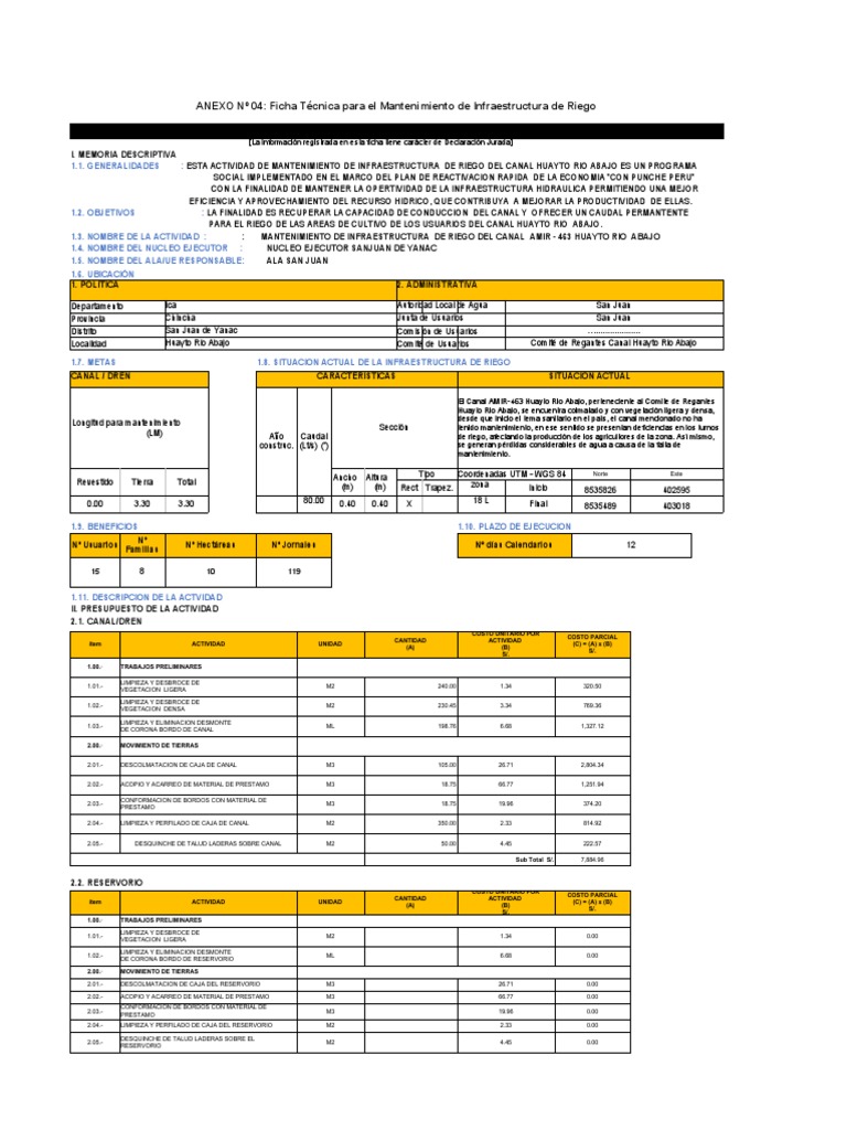 ANEXO #04: Ficha Técnica para El Mantenimiento de Infraestructura de Riego | Descargar gratis ...