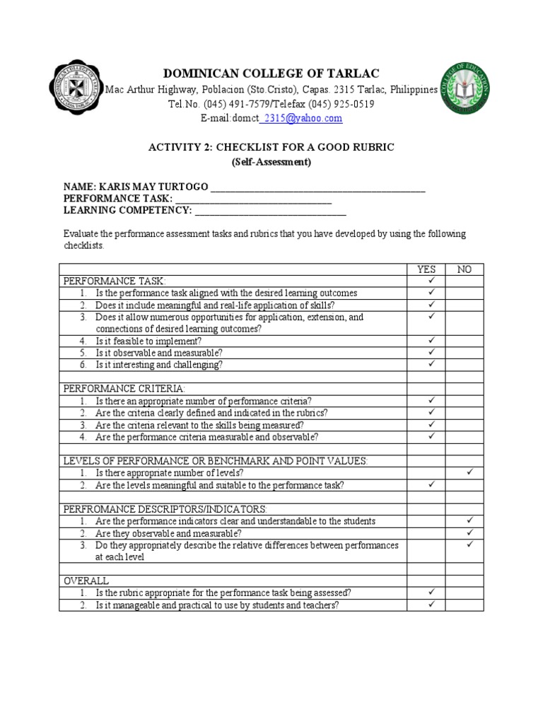 Checklist for Effective Rubric Evaluation | PDF | Rubric (Academic ...
