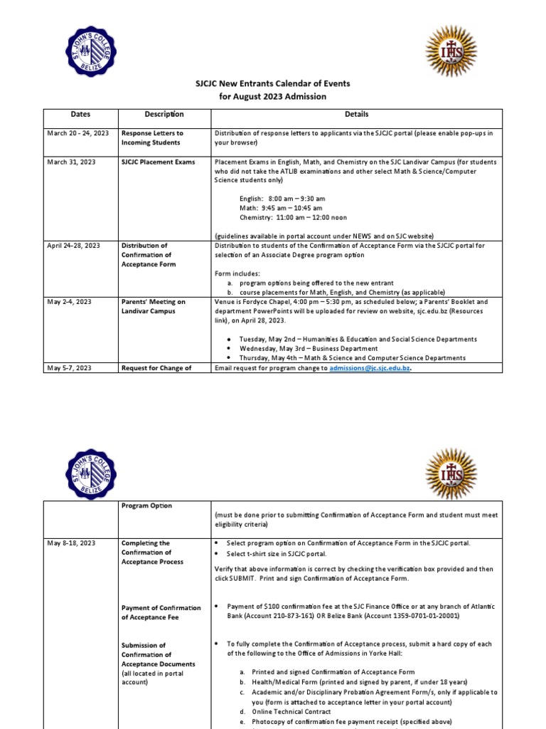 SJCJC New Entrants Calendar - Aug 2023 Admission | PDF