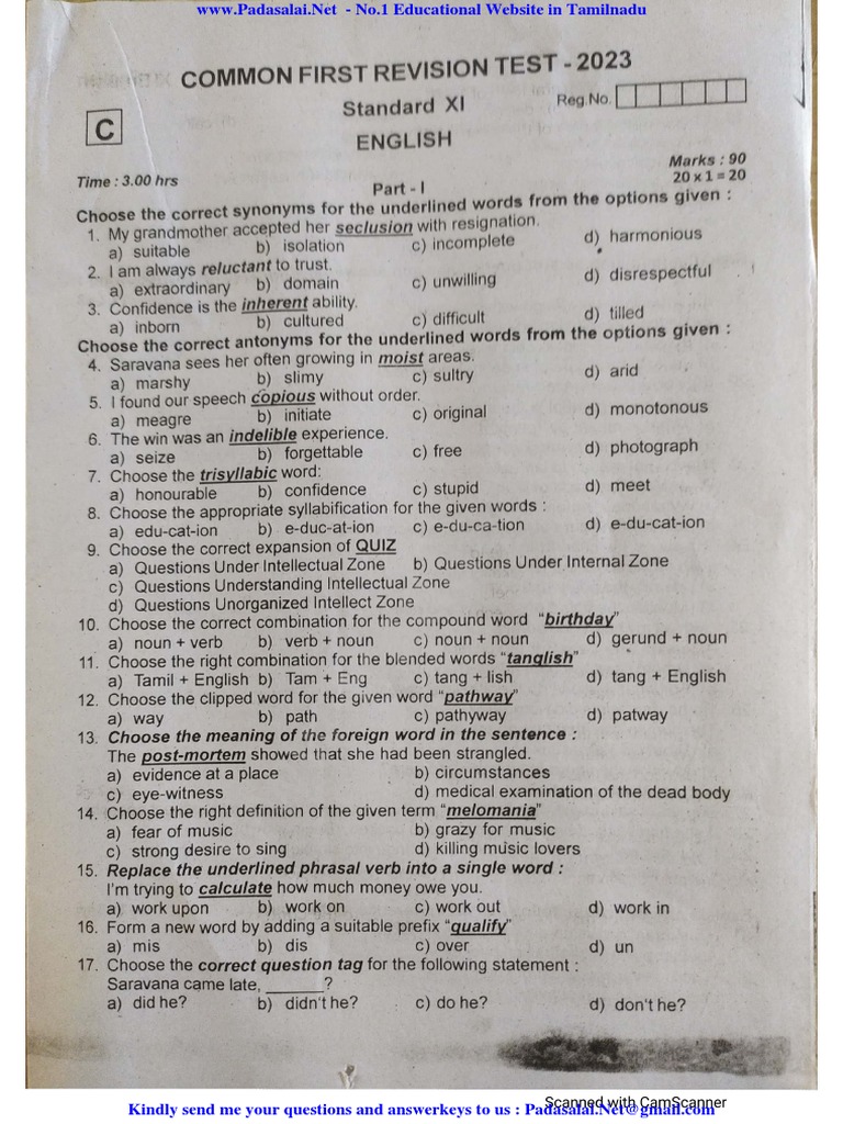 11th English EM - 1st Revision Test 2023 - Original Question Paper ...