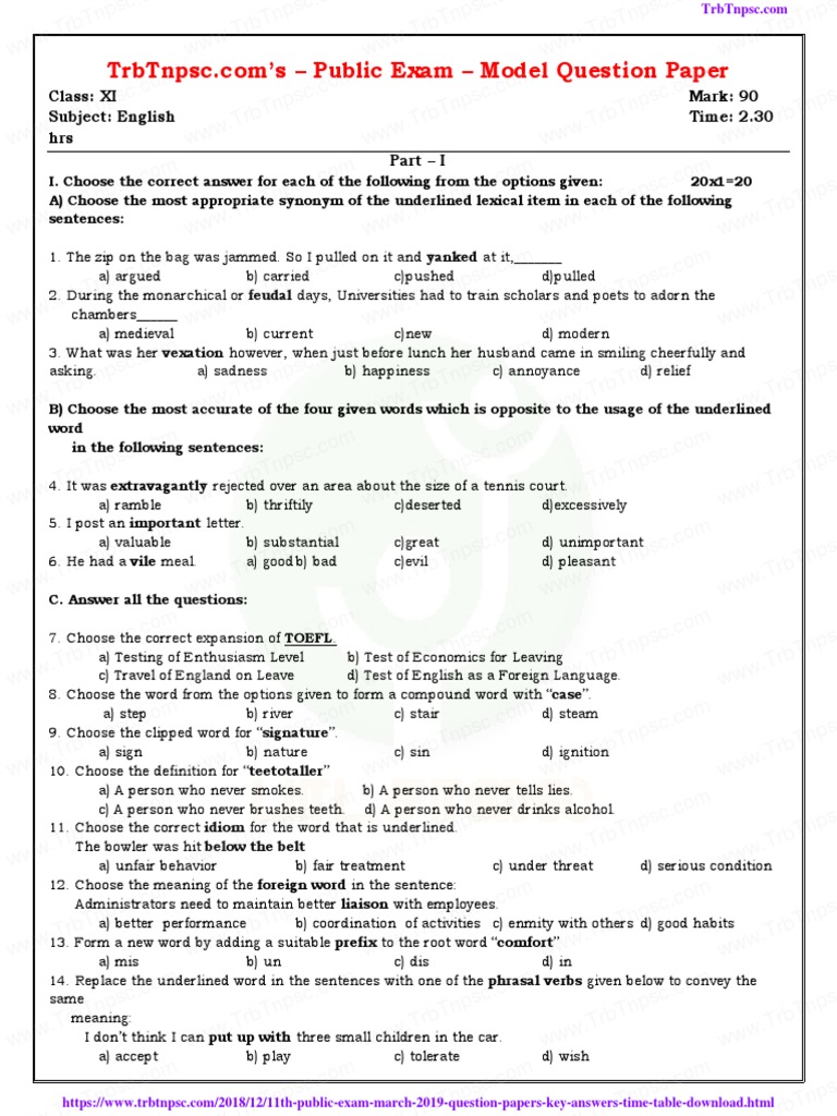 Class: XI Mark: 90 Subject: English Time: 2.30 Hrs Part - I | PDF | Languages | Foreign Language ...