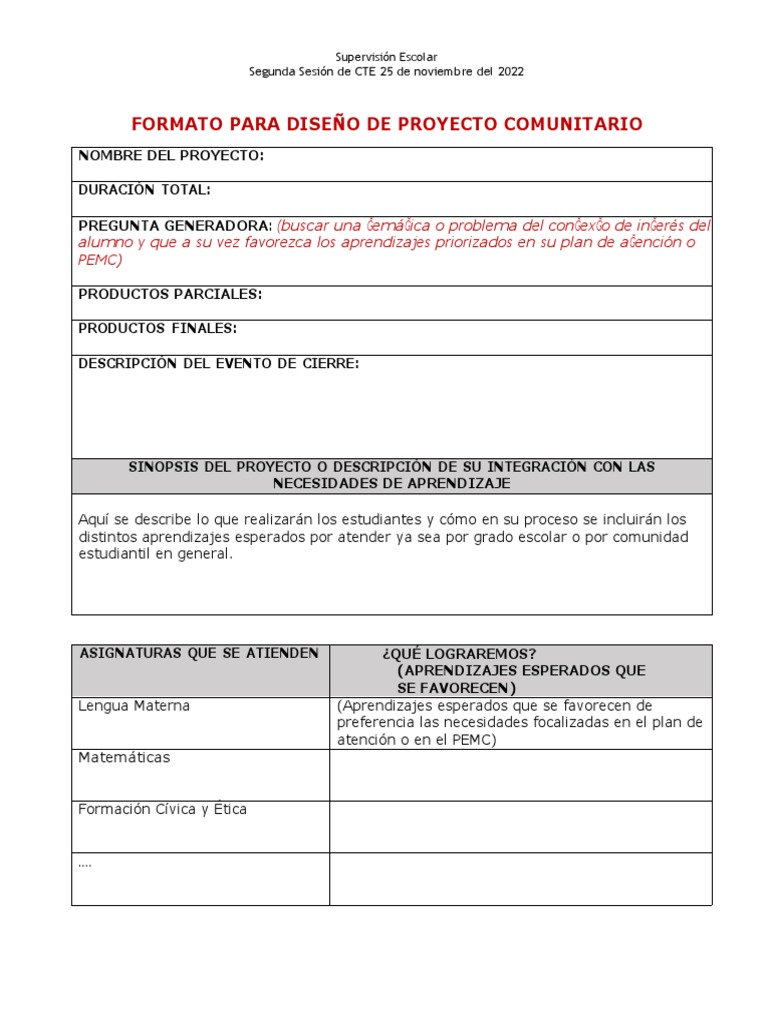 Formato para Diseño de Proyecto Comunitario | PDF | Evaluación | Aprendizaje