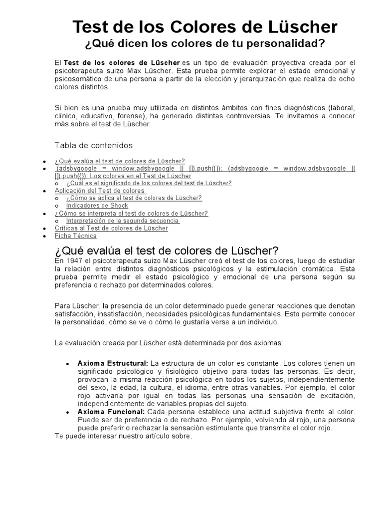 Test de Los Colores de Lüscher | PDF | Color | Sicología