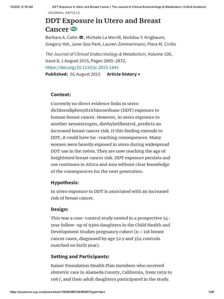 DDT Exposure in Utero and Breast Cancer - The Journal of Clinical Endocrinology & Metabolism ...