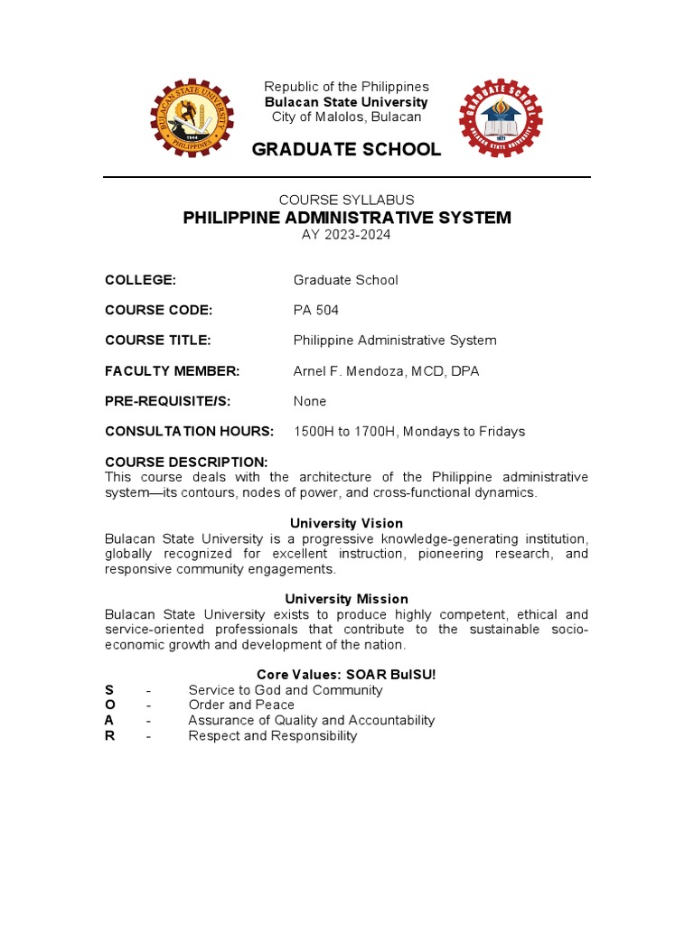 Syllabus PA 504 Philippine Administrative System | PDF