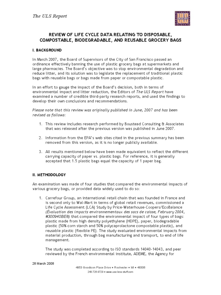 Paper and Plastic Grocery Bag LCA Summary 3-28-08 | PDF | Life Cycle ...