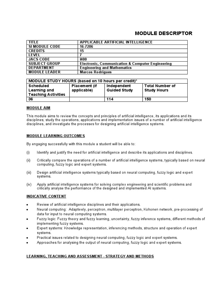 55-700241 Applicable Artificial Intelligence Module Descriptor | PDF ...