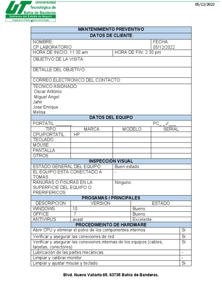 Formato MaNtenimiento Preventivo | PDF | Software del sistema ...