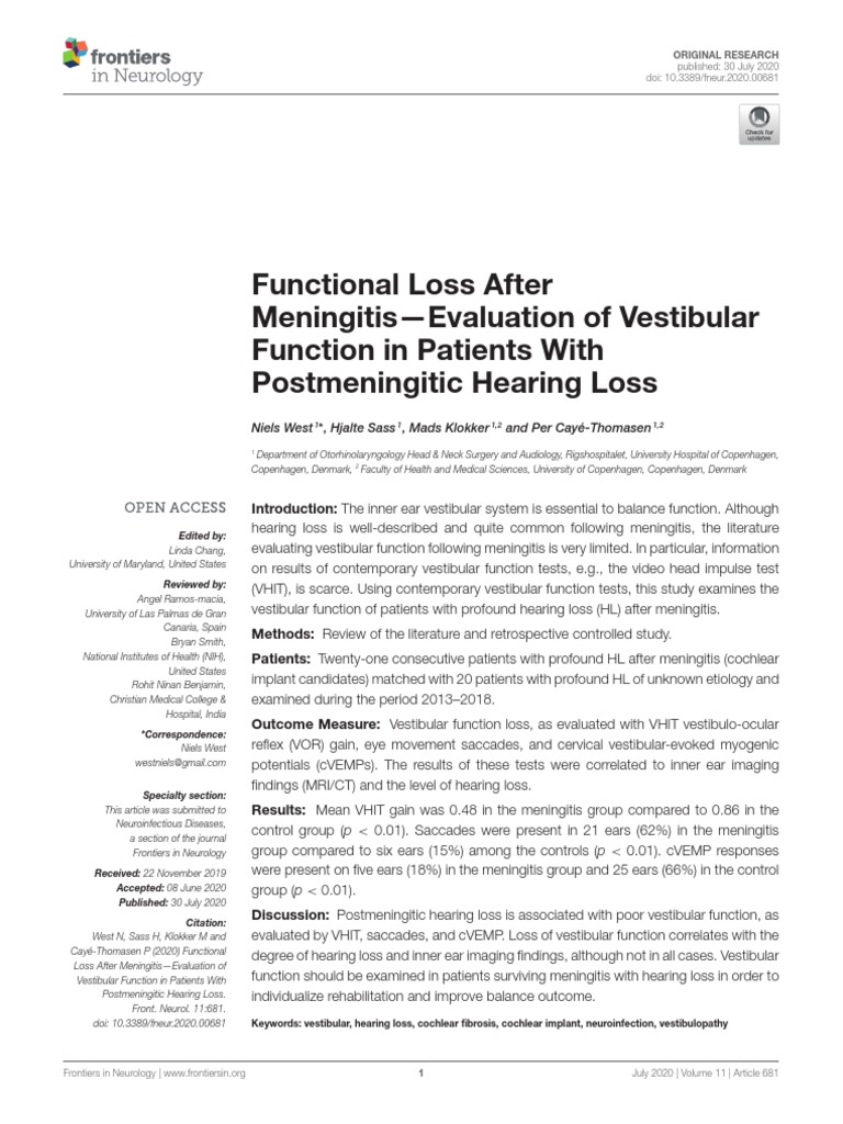 Functional Loss After Meningitis-Evaluation of Vestibular Function in ...