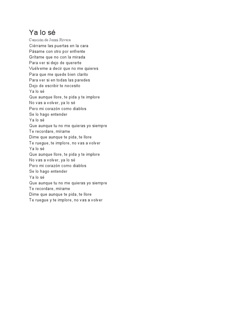 Letra de "Ya lo sé" de Jenni Rivera | PDF