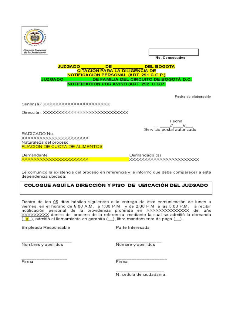 Modelo Noticación Personal Art. 291 C.G.P - 1 | PDF Modelo Noticación Personal Art. 291 C.G.P - 1 | PDF
