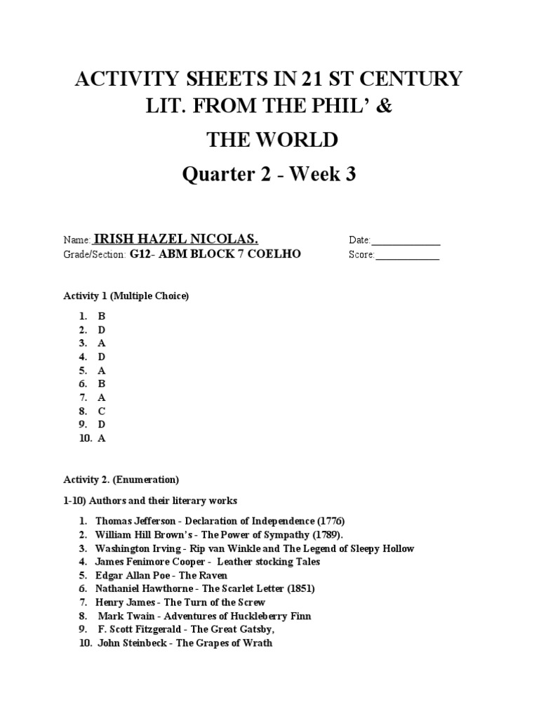 21st Century Literature Activity Sheet | PDF | History