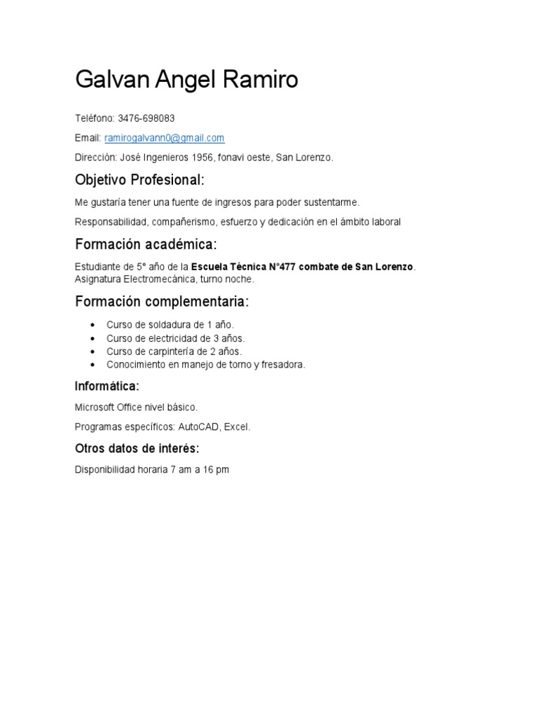 Curriculum Ramiro Galván técnico electromecánico | PDF