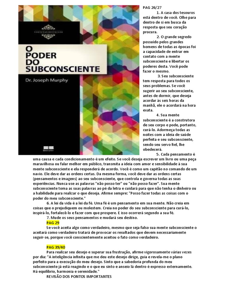 Resumo O Poder Do Subconsciente Joseph Murphy | PDF
