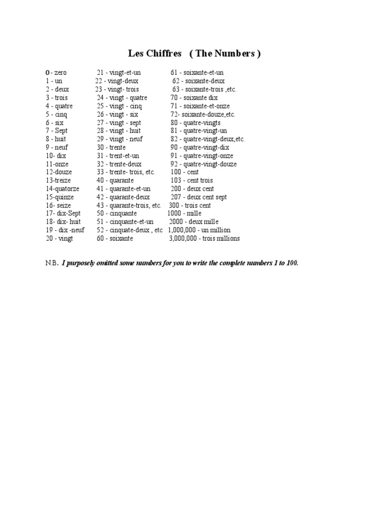 0-100 French Numbers | PDF