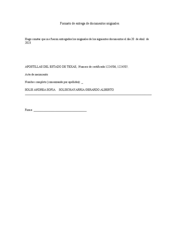 Formato de Entrega de Documentos Originales | PDF