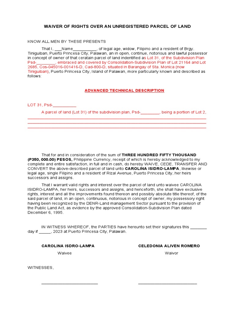 Waiver of Rights Over An Unregistered Parcel of Land | PDF