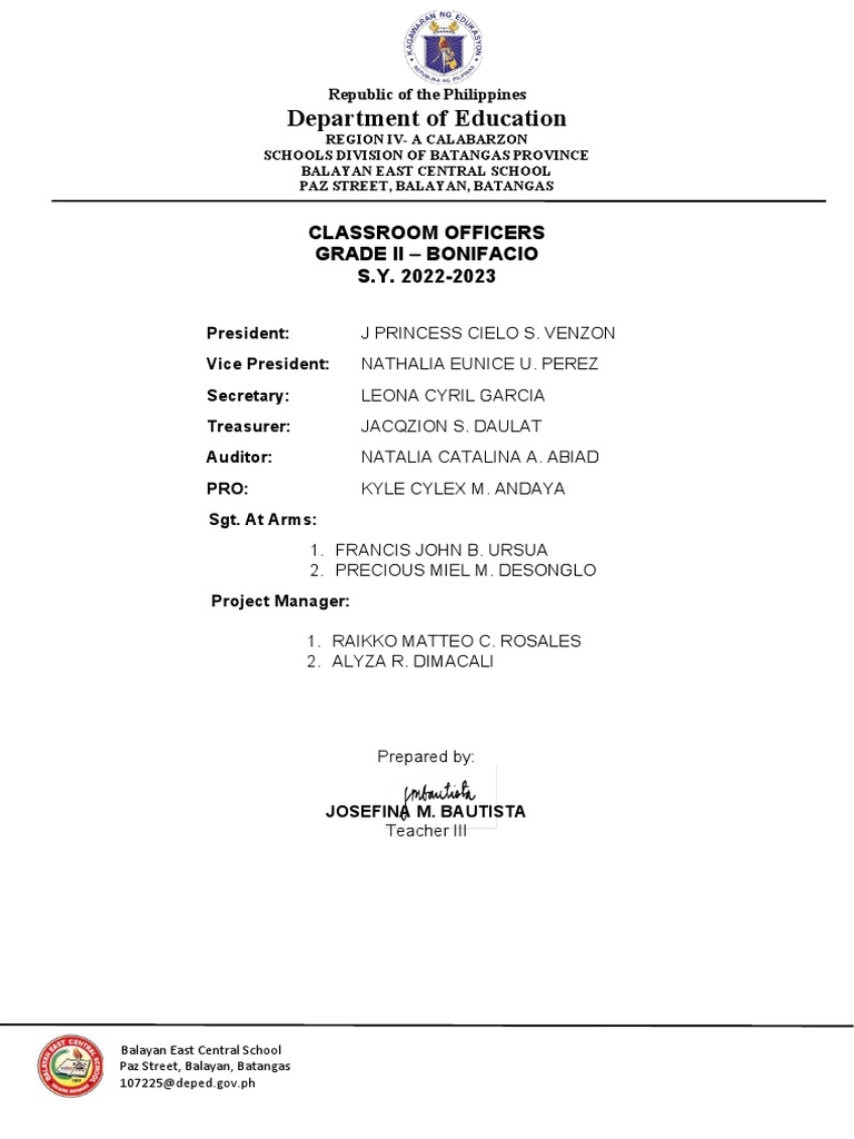 Classroom Officers - Grade Two-Bonifacio 2022-2023 | PDF