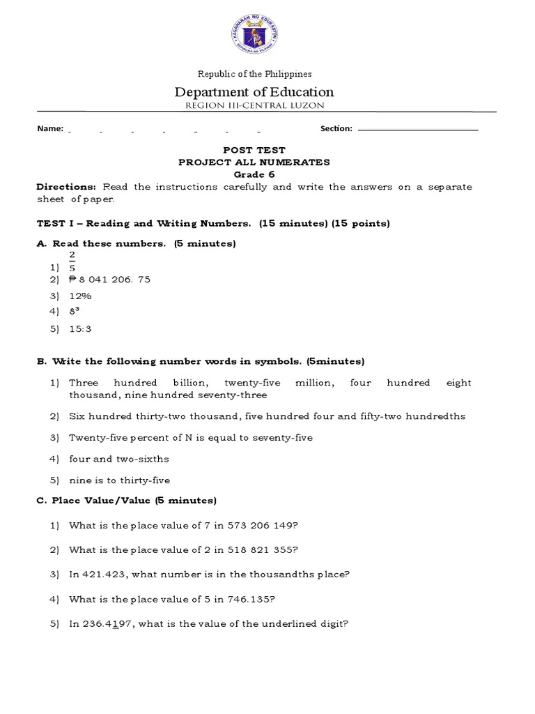 Grade 6 Math Post Test Guide | PDF | Numbers | Arithmetic