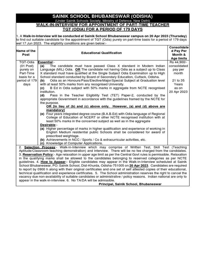 Advt For Walk in Interview For Appointment of TGT Odia | PDF ...